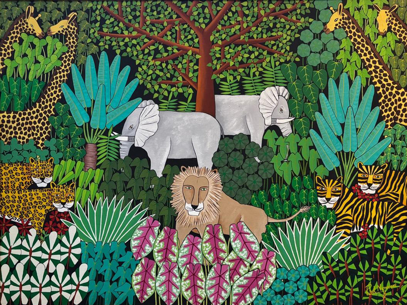 Paul Nemours 36"x48" Exotic Jungle Scene 1977 Oil on Canvas Painting # – Myriam Nader Haitian ...
