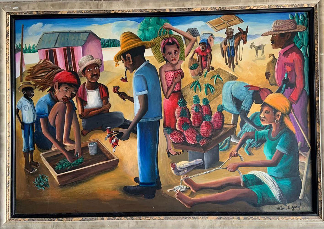 Wilson Bigaud (1931-2010) 24"x36" Sellers on the Street 1970 Oil on Bo ...
