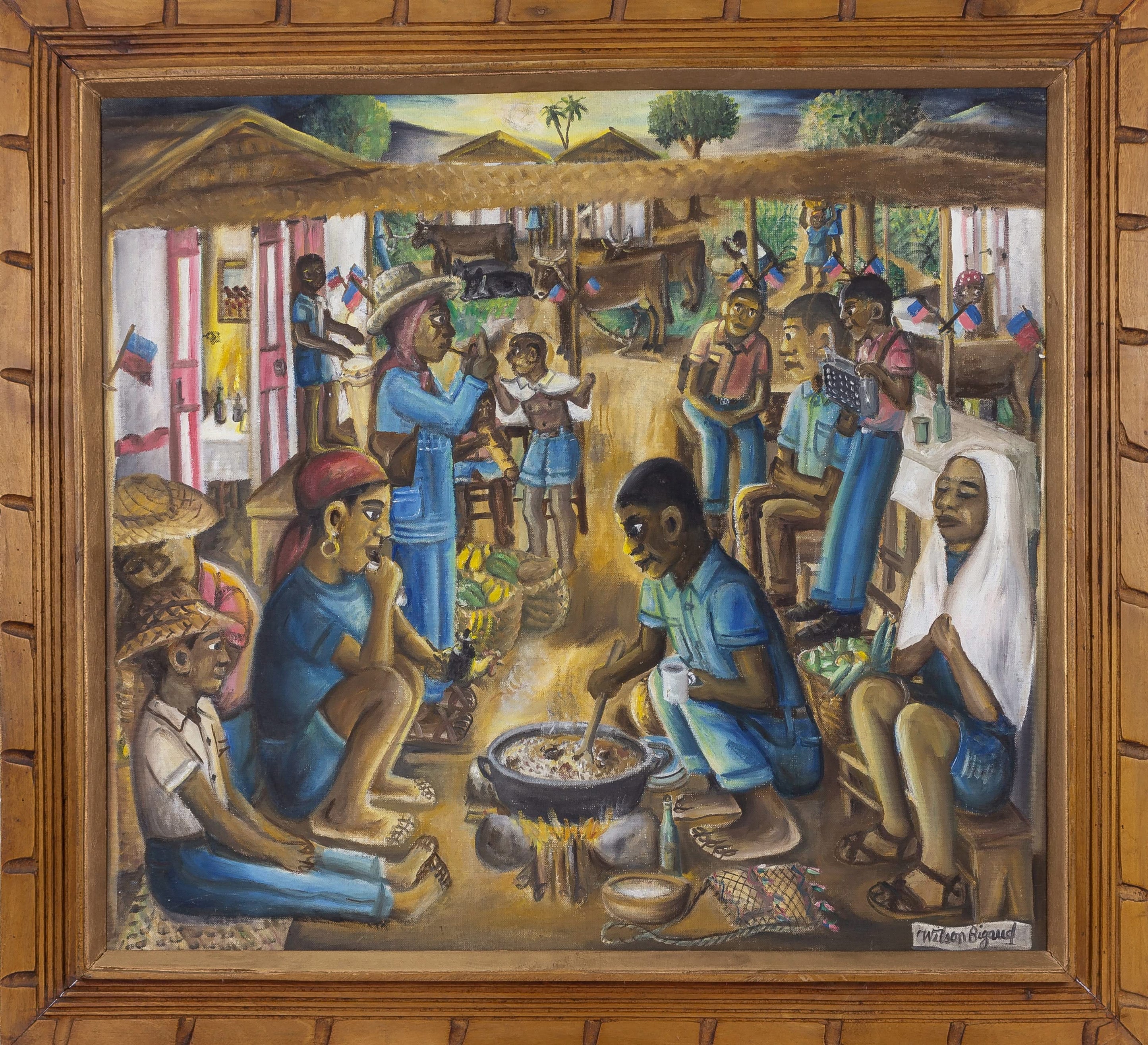 Wilson Bigaud (Haitian, 1931-2010) 24"x27.25" Village Scene 1981 Oil o ...