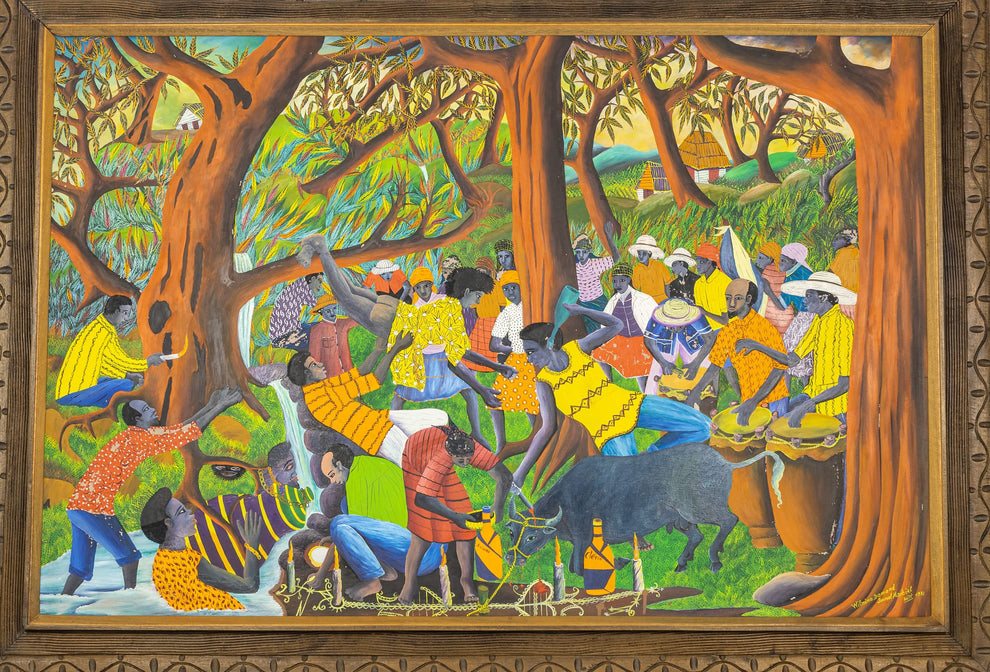 Wilmino Domond (1925-2006) 32"x47.25" Bois Caiman Voodoo Ceremony 1973 ...