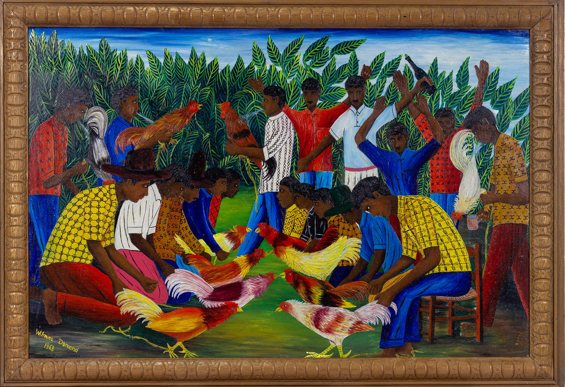 Wilmino Domond (1925-2006) 15.75"x24" Roosters' Fight 1968 Oil on Boar ...