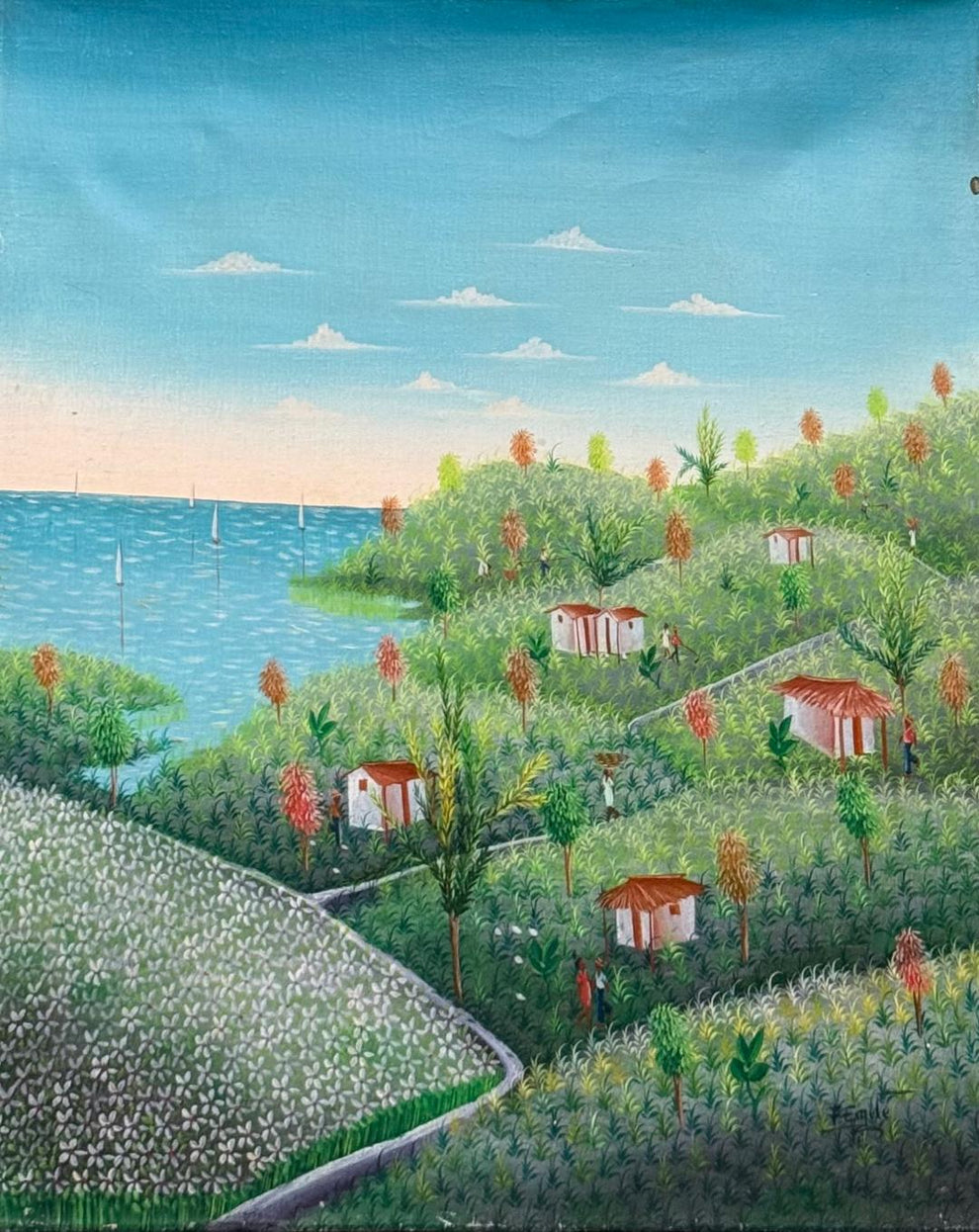 Fritz Émile – Coastal Haitian Landscape with Village Homes | 24" x 20 ...