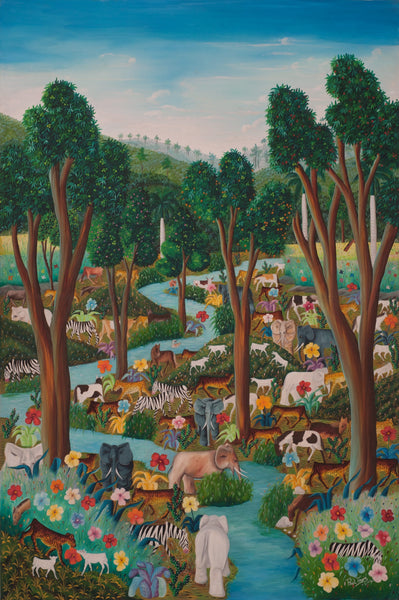 Paul Tanis 72"x48" Jungle Scene 1984 Oil on Canvas Painting-Fondation