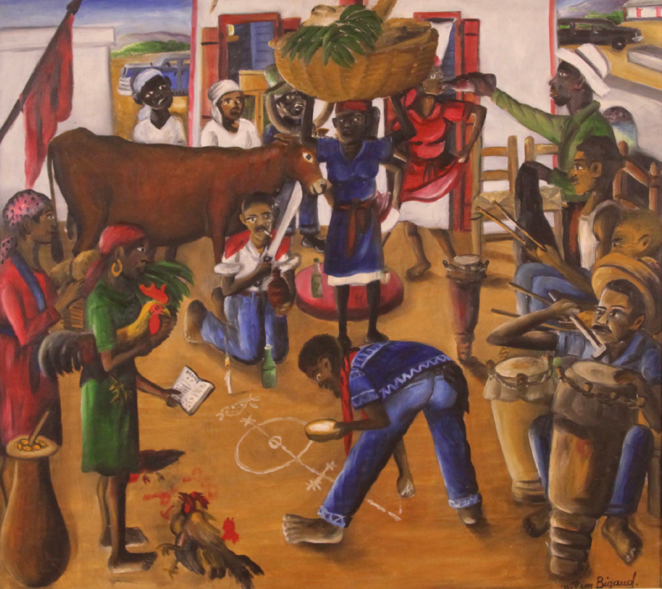 Wilson Bigaud (1931-2010) 24.5"x27" Vodou Ceremony 1972 Oil on Board U ...